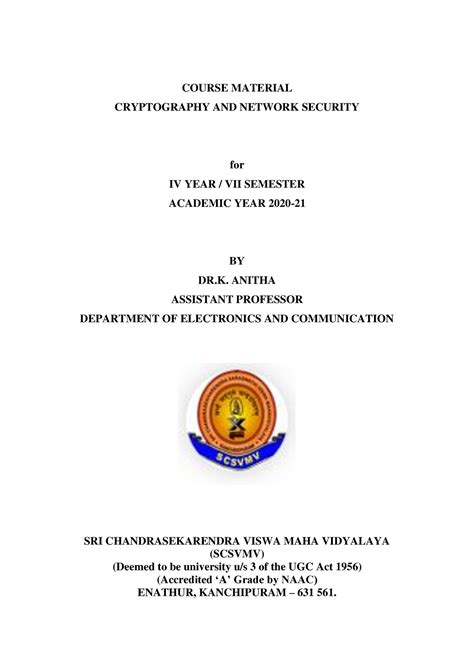 Cryptography Network Security Dr K Anitha Course Material
