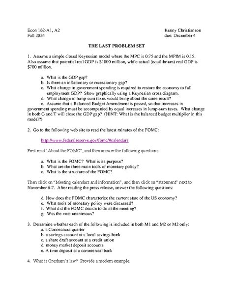 Econ Problem Set Keynesian Model Analysis FOMC Insights Studocu