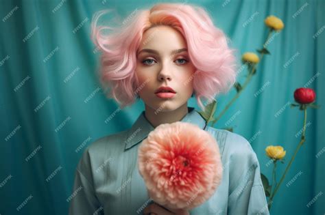 Premium Ai Image Generative Ai Beauty Natural Portrait Of A Young Girl With A Flower Pink Gerbera