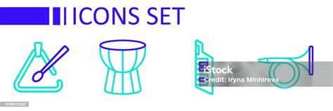 세트 라인 트럼펫 숄더 키보드 아프리카 다르부카 드럼 및 트라이앵글 악기 아이콘 벡터 0명에 대한 스톡 벡터 아트 및 기타 이미지 0명 강철 고전 양식 Istock