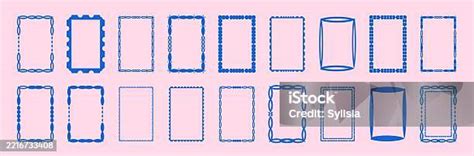 곡선과 들쭉날쭉한 테두리가 있는 직사각형 모양입니다 Simple Blue Frame Illustration Set 스톡 일러스트 직사각형 물결 모양의 가리비 프레임 낙서