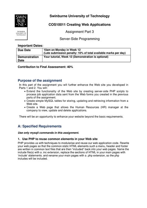 COS10011 Assignment Part 3 Swinburne University Of Technology