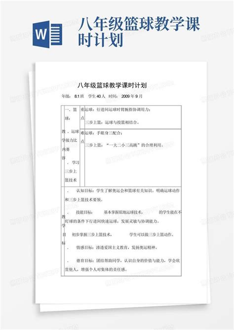 八年级篮球教学课时计划Word模板下载 编号qmzbrrdd 熊猫办公