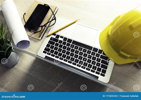 Engineer Architect Desktop With Safety Helmet Stock Image Image Of Computer Document 171025105