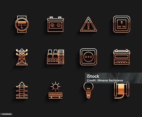 세트 라인 고전압 전봇대 라인 전기 계량기 아이디어의 개념과 전구 와이어 전기 케이블 릴 또는 드럼 발전소 공장 공장 자동차 배터리 및 전기 콘센트 아이콘 벡터 0명에 대한