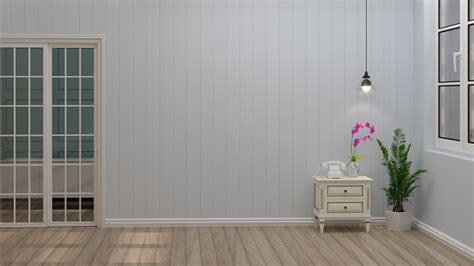 흰색 캐비닛 및 벽 빈티지 빈 방 3d 렌더링 럭셔리 룸 인테리어의 세기 중반 현대 거실 간단한 레이아웃에 램프 벽에 대한 스톡