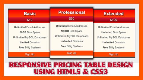 Responsive Pricing Table Using Html5 And Css3 Web Design Pure Css3 Responsive Design Youtube