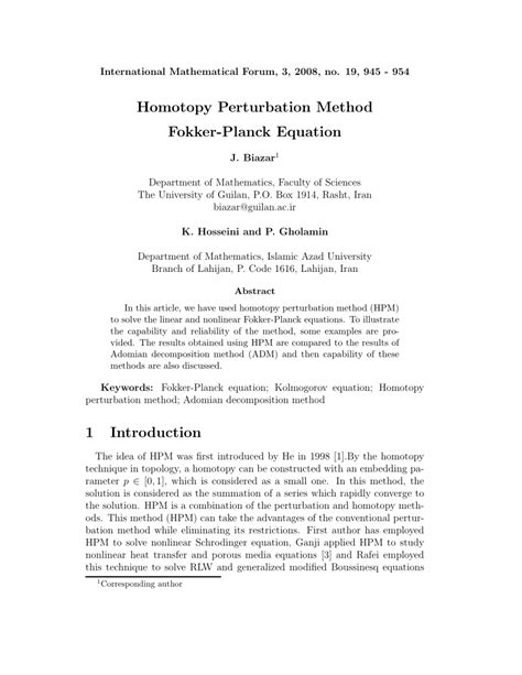 Pdf Homotopy Perturbation Method For Fokker Planck Equation