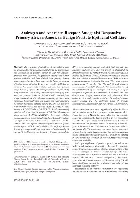 Androgen And Androgen Receptor Antagonist Responsive Primary African American Benign Prostate