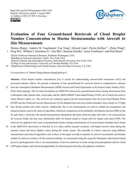 Pdf Evaluation Of Four Ground Based Retrievals Of Cloud Droplet Number Concentration In Marine