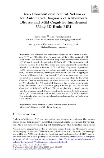 Pdf Deep Convolutional Neural Networks For Automated Diagnosis Of Alzheimers Disease And Mild