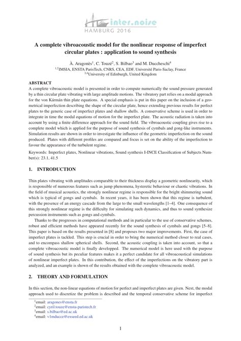 Pdf A Complete Vibroacoustic Model For The Nonlinear Response Of Imperfect Circular Plates