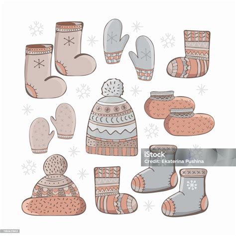 만화 벡터 겨울 액세서리의 집합입니다 겨울 따뜻한 옷의 손 그림 양말 폼폼 장갑 발렌키 신발 모자 패션 그래픽 옷 아이콘