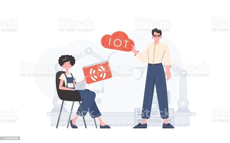 남자와 여자는 사물 인터넷 분야의 팀입니다 Iot 개념 웹 사이트 및 프리젠 테이션에 좋습니다 트렌디 한 평면 스타일 벡터 로봇공학에 대한 스톡 벡터 아트 및 기타 이미지
