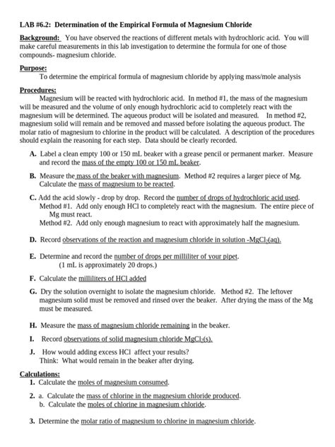 Lab 6 2 Emp Formula Magnesium Chloride Pdf Ion Chemical Reactions