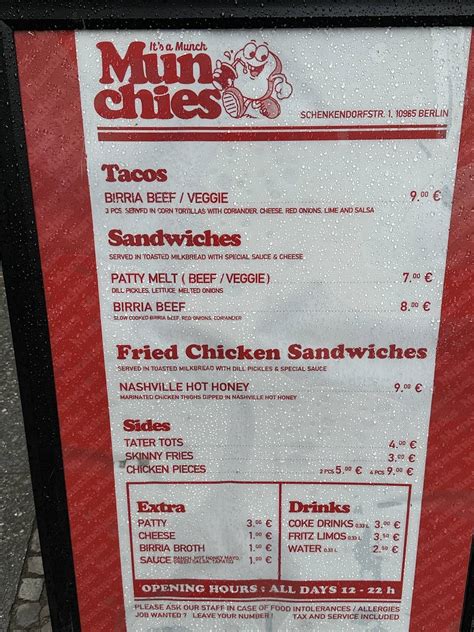 Speisekarte Von Munchies Restaurant Berlin Schenkendorfstraße 1