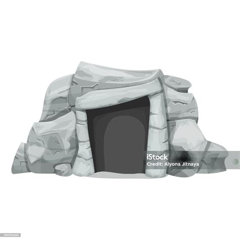 흰색 배경에 고립 된 만화 스타일의 바위에서 석기 시대 동굴 선사 시대 진화의 고대 개체 원시인 집 야외 금이 요소 Ui 게임 자산상세한 그리기 석기 시대에 대한 스톡 벡터