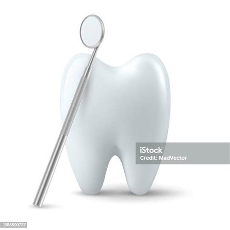 흰색 배경에 격리 된 치아 아이콘 클로즈업이있는 치아에 대한 벡터 3d 현실적인 치과 검사 거울 의료 치과 의사 도구 디자인 템플릿 클립아트 치과 건강 개념 3차원 형태에