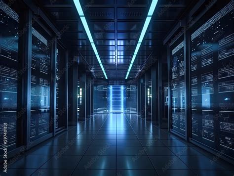 Data Center Or Server Room With Servers Of Information Cloud Storage Dark Datacenter With Light