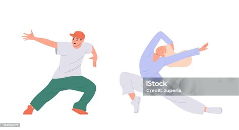십대 소년과 소녀 만화 캐릭터 세트 댄스 자유형 공연 브레이크 댄스 또는 힙합 브레이크 댄싱에 대한 스톡 벡터 아트 및 기타 이미지 브레이크 댄싱 아이 거리 Istock