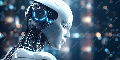 여성 휴머노이드 인공 지능 로봇의 측면도 미래 기술과 인공 지능 로봇 배경 Generative Ai 프리미엄 사진