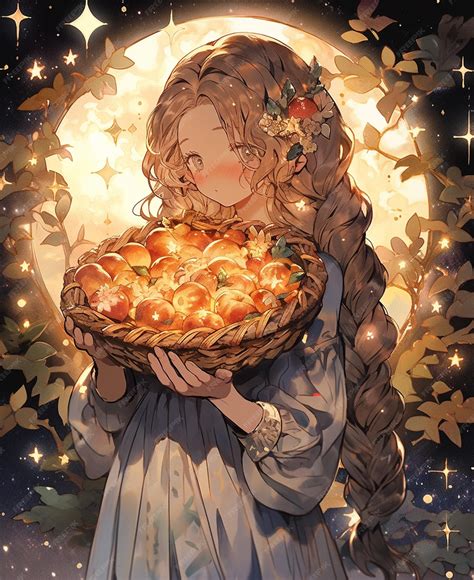 Premium Ai Image Anime Girl Holding A Basket Of Pizza In Front Of A Full Moon Generative Ai