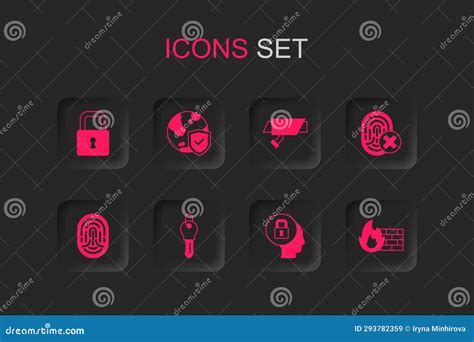 Set Key Shield With World Globe Lock Cancelled Fingerprint Firewall Security Wall Security