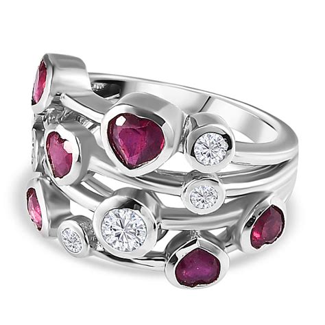 Heart Cut Ruby And Moissanite Bubble Ring In Platinum Overlay Sterling Silver 7691888 Tjc