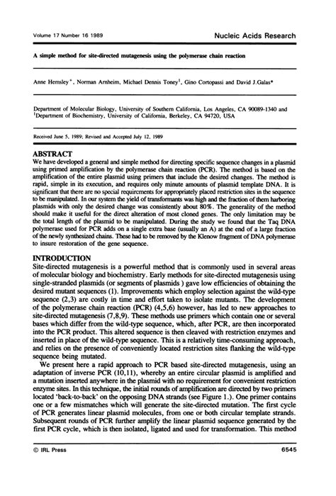 Pdf A Simple Method For Site Directed Mutagenesis Using The Polymerase Chain Reaction
