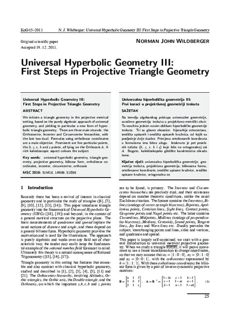 Pdf Universal Hyperbolic Geometry Iii First Steps In Projective Triangle Geometry