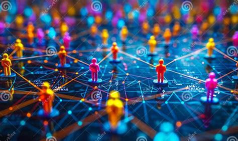 Colorful Figurines Connected By Lines On A Network Grid Illustrating