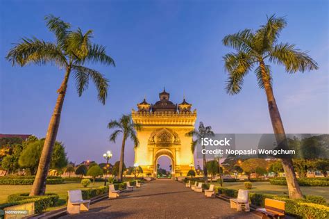 Vientiane Laos Night City Skyline At Patuxai The Most Famous Landmark