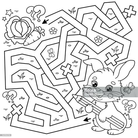 미로 또는 미로 게임 수수께끼 얽힌 도로 색칠 공부 페이지 개요 만화 귀여운 토끼 또는 당근과 양배추가있는 토끼 아이들을위한 색칠 공부 책 퍼즐에 대한 스톡 벡터 아트 및