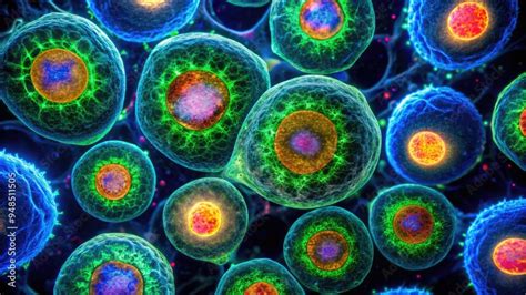 Microscopy Image Of Fluorescently Stained Cells Undergoing Mitosis With Nucleus And Chromosomes