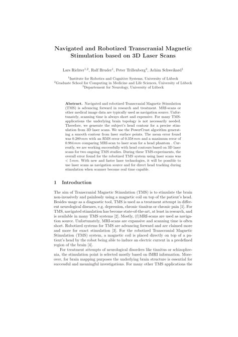 Pdf Navigated And Robotized Transcranial Magnetic Stimulation Based On 3d Laser Scans
