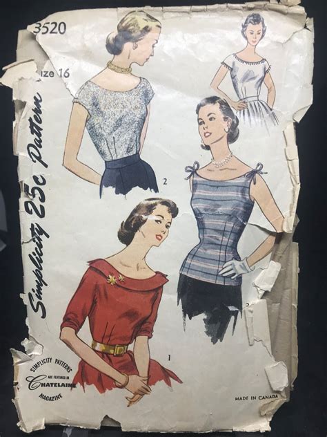 3520 Simplicity 1940s Vtg Sewing Pattern Size 16 Blouse Cut Unprinted