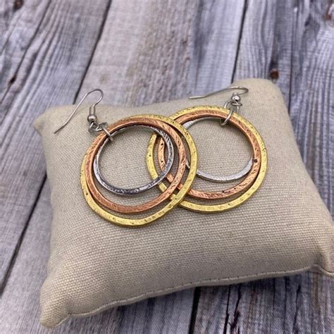 Hammered Metal Tri Color Trio Earrings Etsy