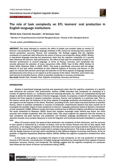 Pdf The Role Of Task Complexity On Efl Learners Oral Production In English Language Institutions