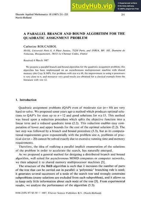 A Parallel Branch And Bound Algorithm For The Quadratic Assignment Problem Pdf