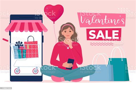 소녀는 스마트 폰을 통해 구매를하고있다 발렌타인u2019s 판매 온라인 쇼핑 개념 저장소 플랫 스타일의 벡터 일러스트레이션 14에 대한 스톡 벡터 아트 및 기타 이미지