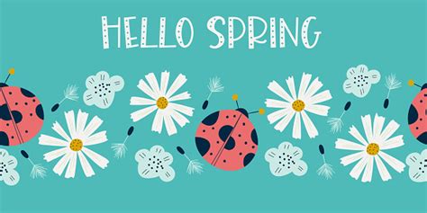 무당벌레 카모마일 꽃과의 원활한 테두리 푸른 배경에 곤충과 꽃봄 패턴 여름 디자인을위한 민들레와 무당벌레 플랫 스타일로 벡터 그림 0명에 대한 스톡 벡터 아트 및 기타