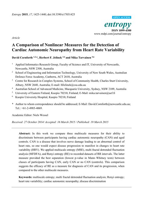 Pdf A Comparison Of Nonlinear Measures For The Detection Of Cardiac Autonomic Neuropathy From