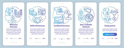 선형 개념으로 모바일 앱 페이지 화면을 온보딩 카지노 보너스 도박 컴포지션 포인트 캐시백 추천 환영 보너스 연습 단계 그래픽 지침입니다 Ux Ui Gui 벡터 템플릿 5에