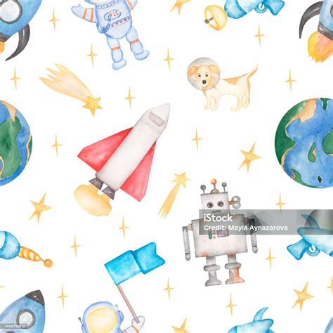 수채화 공간 원활한 종이 행성 별 달 우주 비행사 종이 외계인 우주선 로봇 직물에 대한 반복 패턴 소년 인쇄 디자인 코스모스
