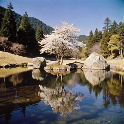 Premium Photo A Pond With A Tree And Rocks In It And A Pond With A Tree In The Foreground