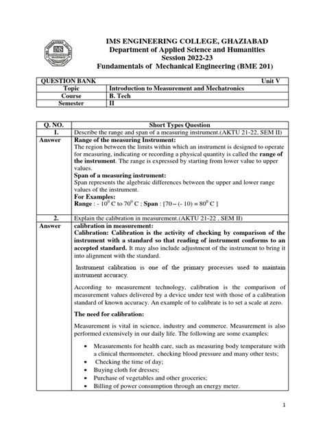 Unit V Bme 201 Question With Answer For Ct 2 Fundamentals Of