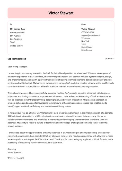 14 Sap Technical Lead Cover Letter Examples And Templates For 2025