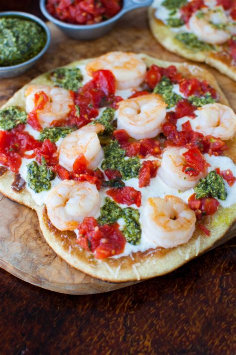 Grilled Pizza With Shrimp Chunky Tomato Sauce And Pesto Taming Of