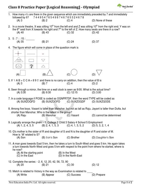 Class 8 Maths Olympiad Logical Reasoning Practice Papers Pdf Pdf