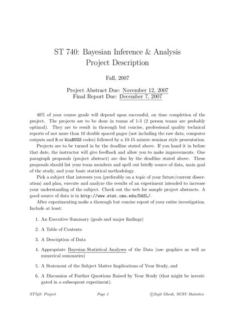 Bayesian Inference And Analysis Project Description St 740 Docsity